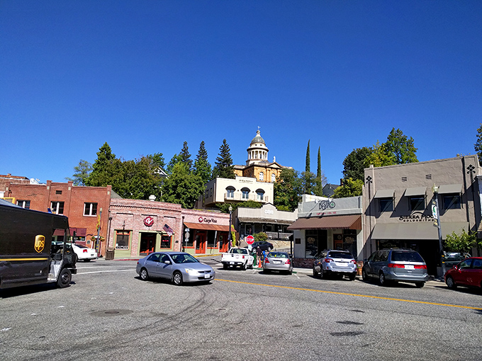 Auburn's historic main street curves invitingly through town, each building a chapter in California's golden history.