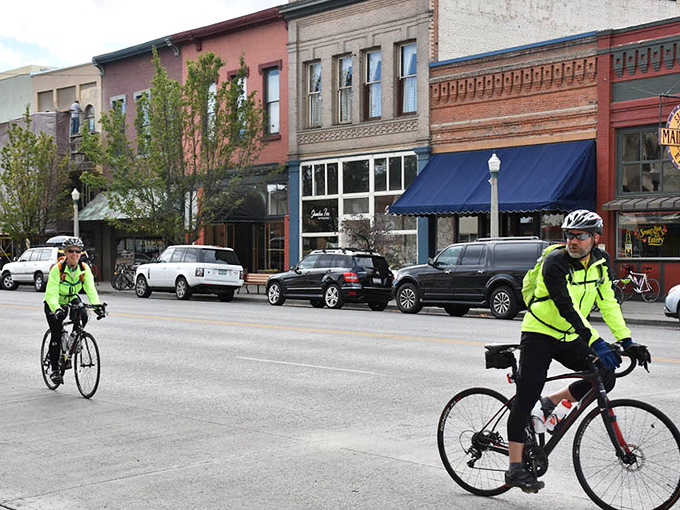 Downtown Baker City - where cyclists outnumber cars and everyone seems perfectly fine with that arrangement.