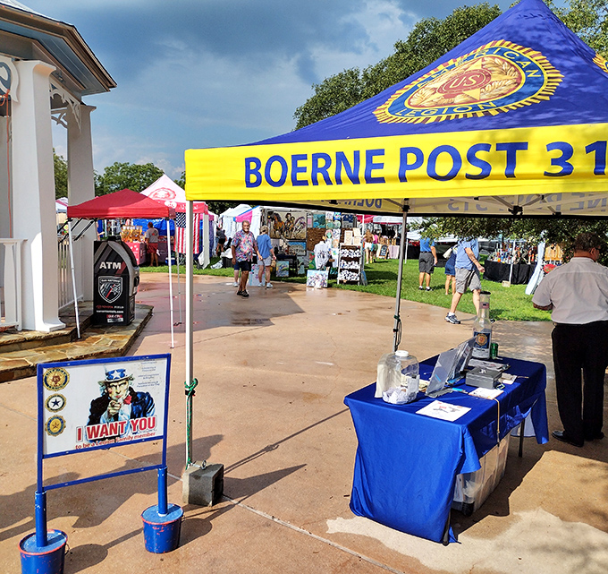 Boerne Market Days transforms the town square into a shopper's paradise. The American Legion tent adds a touch of community spirit to this treasure hunt!