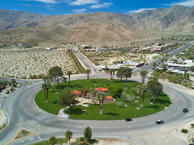 This desert oasis roundabout in Borrego Springs represents the circular perfection of affordable retirement in California's hidden gem.