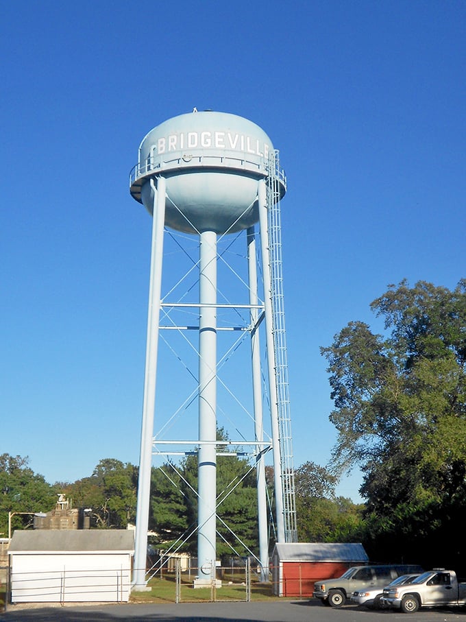 Bridgeville's iconic water tower stands tall against the blue sky, painted to celebrate the town's apple heritage.