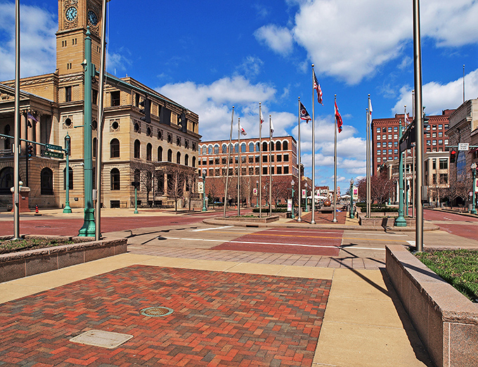 Historic Canton unfolds in brick and mortar splendor, where Pro Football Hall of Fame dreams meet retirement reality.