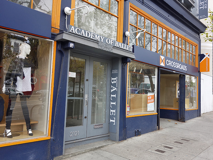 The elegant navy and gold facade of Crossroads Trading promises curated fashion finds without the first-owner price tags.