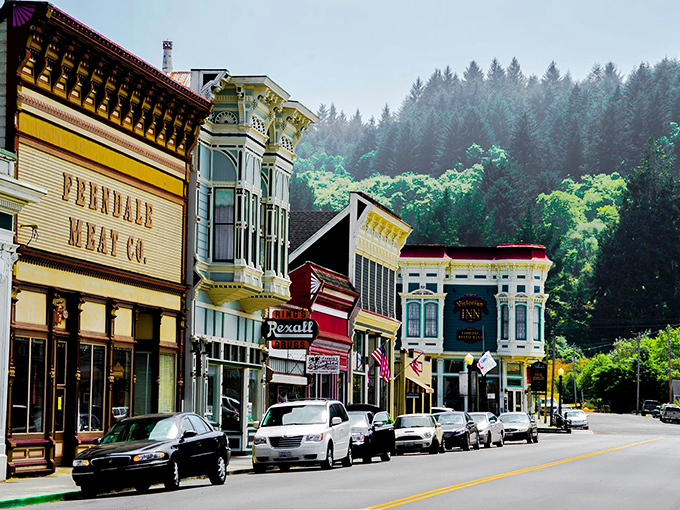 The ornate details of Ferndale's historic buildings tell stories of dairy fortunes and craftsmanship. Victorian splendor preserved in living color.