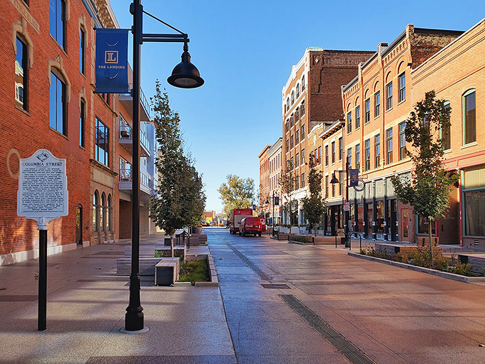 Fort Wayne’s Columbia Street offers a perfect mix of history and charm with brick buildings, modern touches, and inviting walkways.