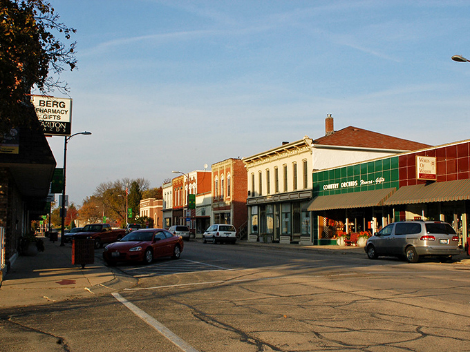 Historic buildings line Fulton's main street, where brick facades and vintage storefronts create a timeless small-town atmosphere.