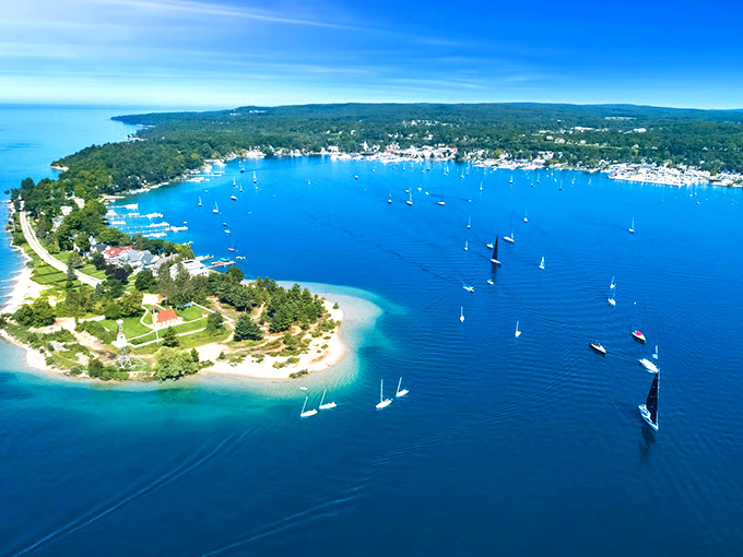 Harbor Springs: A perfect crescent of shoreline cradling boats like precious gems. This is what "Pure Michigan" looks like from above.
