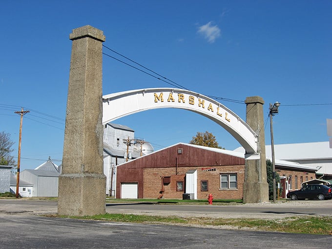 Marshall's iconic arch spans the street like a gateway to simpler times, welcoming visitors to this charming small town.
