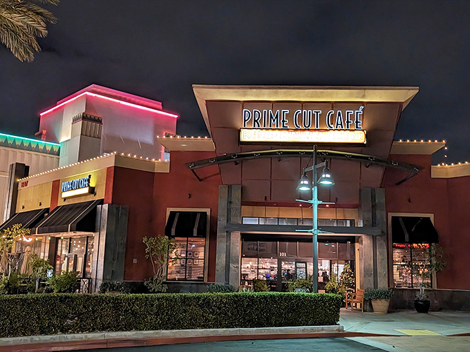 Prime Cut's evening glow invites diners into a sleek space where modern ambiance enhances the timeless pleasure of exceptional steaks.