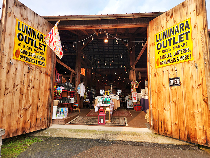 String lights and possibilities! Inside Rice's Market, every table holds potential treasures illuminated by the warm glow of overhead bulbs.