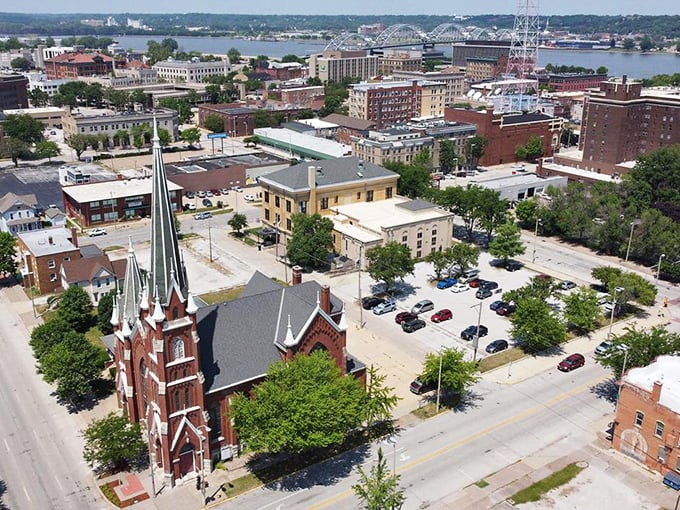 This stunning church spire in Rock Island reaches toward heaven while the Mississippi River flows nearby.