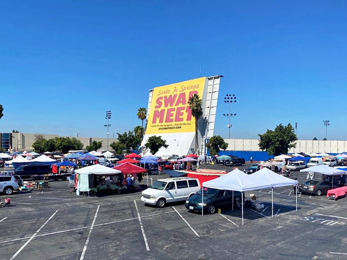 From toys to clothing, this market has it all! Santa Fe Springs vendors create colorful displays to catch shoppers' eyes.