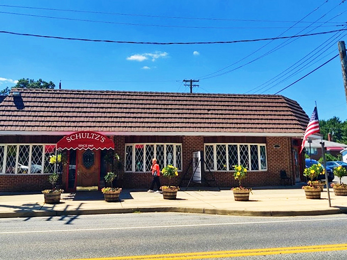 American flag waving proudly, Schultz's Crab House stands ready to defend Maryland's seafood honor with every delicious plate.