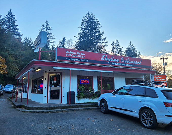 As dusk settles, Skyline Restaurant's neon "OPEN" sign becomes a lighthouse for the burger-starved navigating Portland's hills.