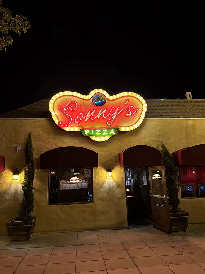 Mediterranean charm meets San Diego cool at Sonny's. Those arched windows frame a serious pizza operation inside.