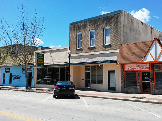 Even pest control gets the charming treatment in South Pittsburg, where these modest storefronts remind us that small businesses are the true backbone of towns that endure.