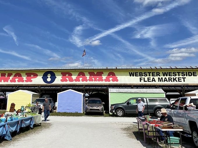 The Swap-O-Rama sign promises exactly what it delivers: organized chaos and unexpected discoveries galore.
