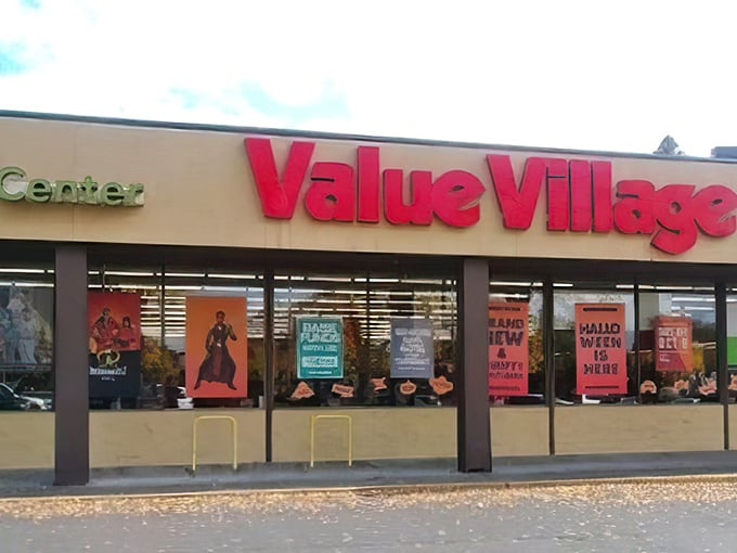 Value Village's windows showcase movie posters alongside seasonal deals. Where else can you find Halloween costumes and Hollywood inspiration in one stop?