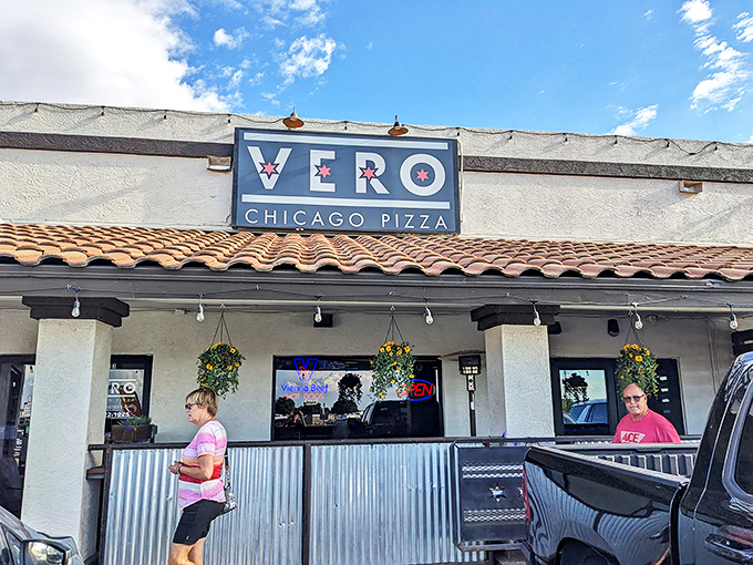 The casual outdoor seating at Vero invites you to linger over layers of cheesy Chicago-style goodness while soaking up Arizona sunshine.