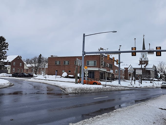 Snow dusts the intersection where York's past meets present in perfect small-town harmony.