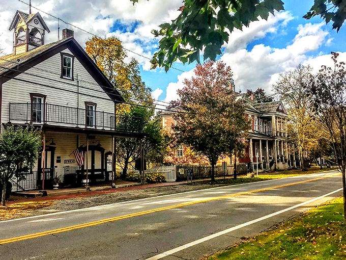 Bright autumn sunlight highlights Zoar's historic architecture, creating the kind of scene that makes you want to grab your camera and explore.