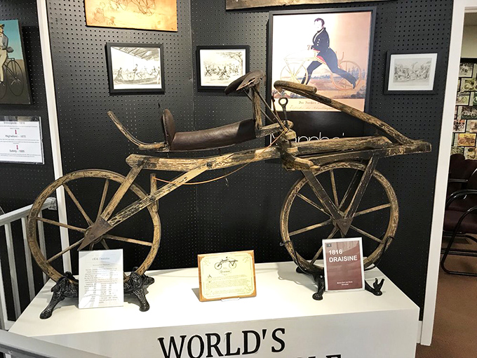 Dating to 1816, the Draisine represents the bicycle's earliest ancestor&mdash;no pedals, just feet pushing against the ground like a prehistoric Fred Flintstone.