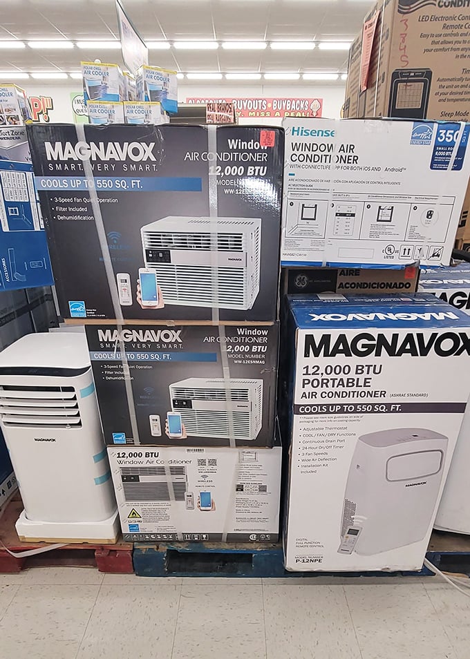 Summer heat doesn't stand a chance against this army of air conditioners. Magnavox and other brands standing at attention, ready for deployment.