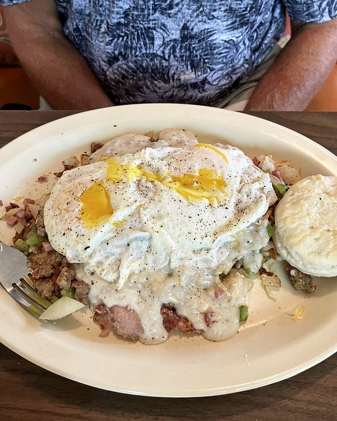 The Alva skillet&mdash;a beautiful mess of potatoes, eggs, and country gravy that's worth setting your alarm for, even on vacation.