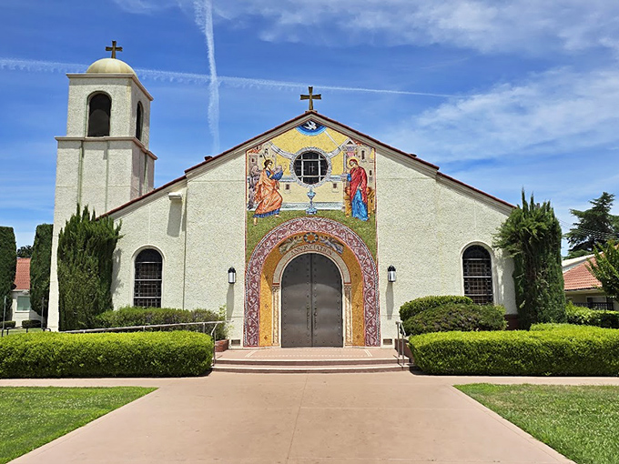 The Annunciation Greek Orthodox Church stands as a spiritual landmark with its beautiful mosaic fa&ccedil;ade&mdash;a Mediterranean touch in California's agricultural heartland.