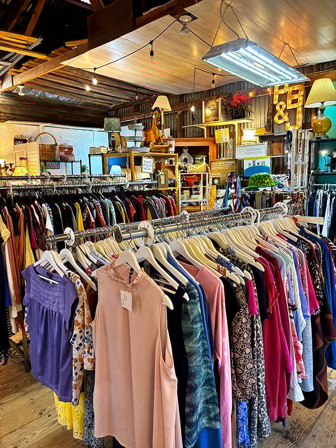 Clothing racks organized by color create a rainbow of possibilities. That perfect blouse is hiding here somewhere, patiently waiting for you.