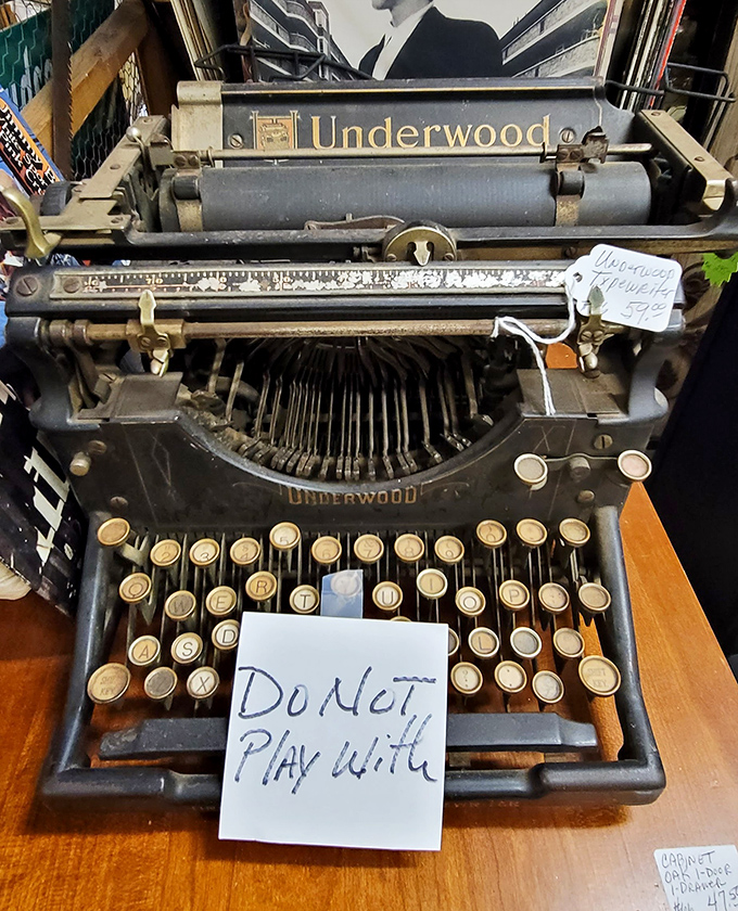 This magnificent Underwood typewriter silently waits for the next Hemingway, with a polite reminder not to test its well-worn keys.