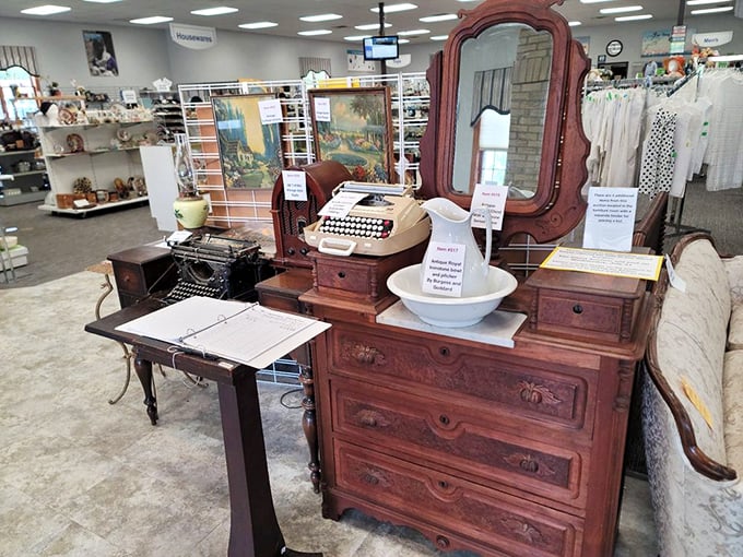 This antique dresser with matching typewriter isn't just furniture—it's a portal to a time when letters were events and drawers held secrets.