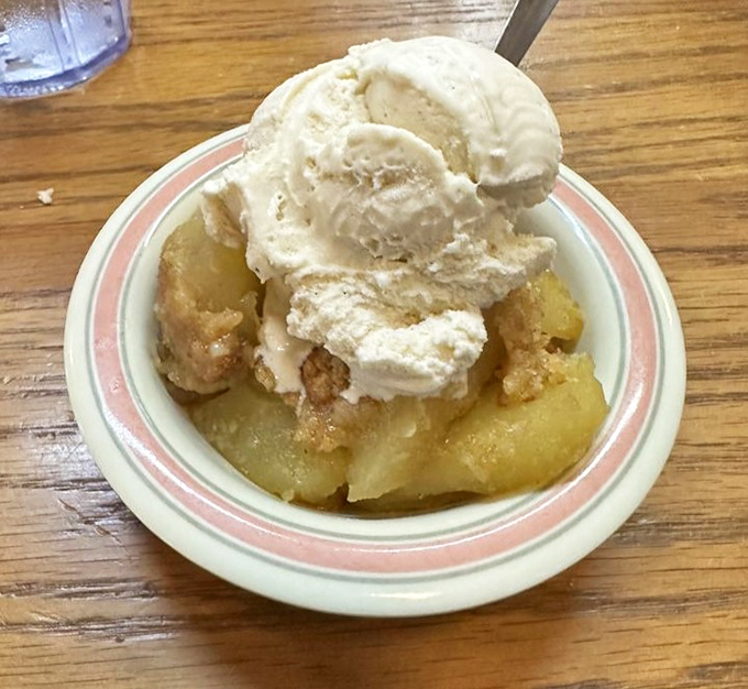 Apple crisp topped with vanilla ice cream: proof that apples and cinnamon were created specifically to make humans happy.