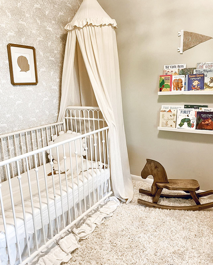 A nursery vignette that could grace a magazine&mdash;proof that secondhand doesn't mean second-best for your little one's sanctuary.