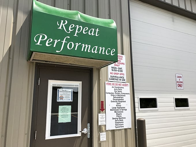 Even the back entrance maintains the brand's signature green&mdash;a no-nonsense approach to secondhand shopping that locals appreciate.