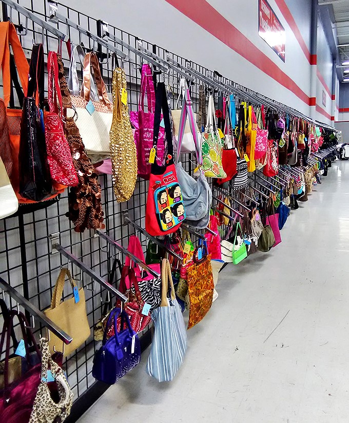 Bag heaven for the accessory enthusiast! This wall of handbags offers everything from workday practicality to Saturday night sparkle.