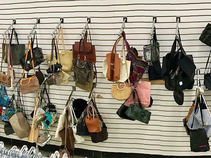 Bag ladies and purse aficionados, your support group meets here. This wall of handbags offers retail therapy without the financial guilt trip.