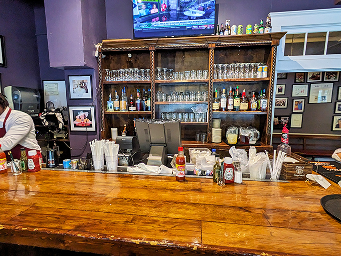 The bar stands ready to serve liquid courage before you face the difficult decision between peach cobbler and banana pudding.