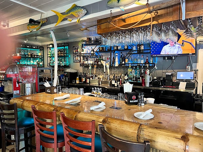 The bar area combines rustic charm with serious beverage expertise &ndash; where tropical drinks meet Keys hospitality perfectly.