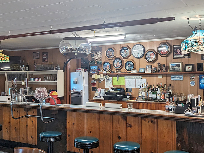 The bar area speaks volumes: no mixology theatrics here, just honest pours to wash down nature's bounty from the bay.