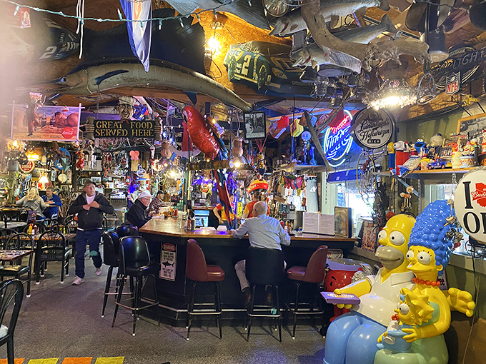The bar at Tackle Box 2 serves as both social hub and shrine to pop culture, where Homer Simpson seems as at home as the regulars.