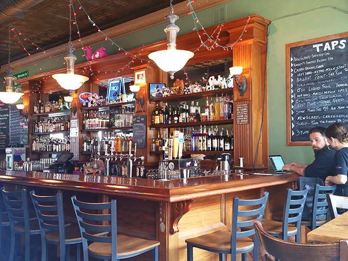 A bartender's playground of bottles and taps, where liquid happiness is crafted with care beneath twinkling string lights.