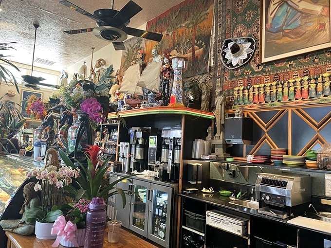 The bar area looks like Indiana Jones retired to open a caf&eacute;, with artifacts and treasures from global adventures creating a museum-worthy backdrop.