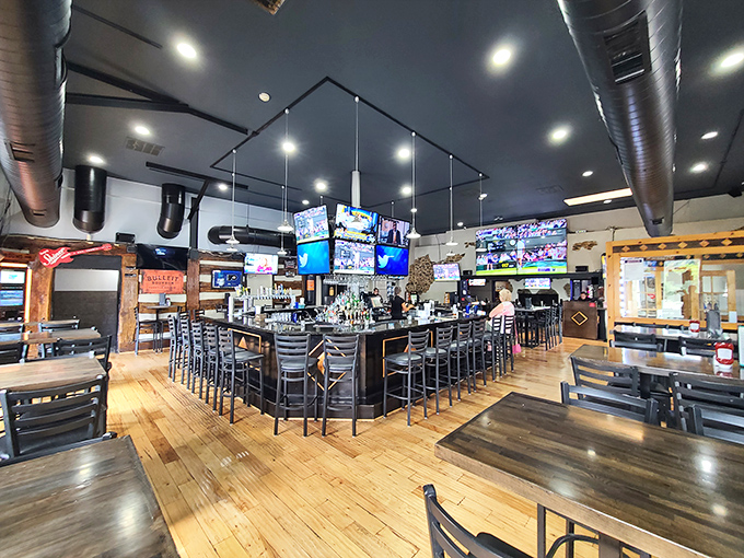 The bar area&mdash;where sports fans gather like ancient Romans at the Colosseum, except with better drinks and fewer lions.