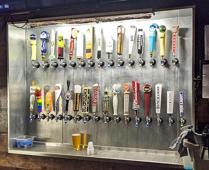 A tap selection that would make a beer enthusiast nod with approval. The wall of handles promises something for every palate.