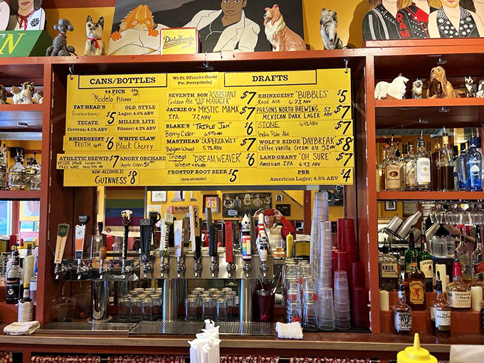 The beer board promises local craft brews that pair perfectly with tubular meat masterpieces. Beer and hot dogs&mdash;civilization's greatest achievement?