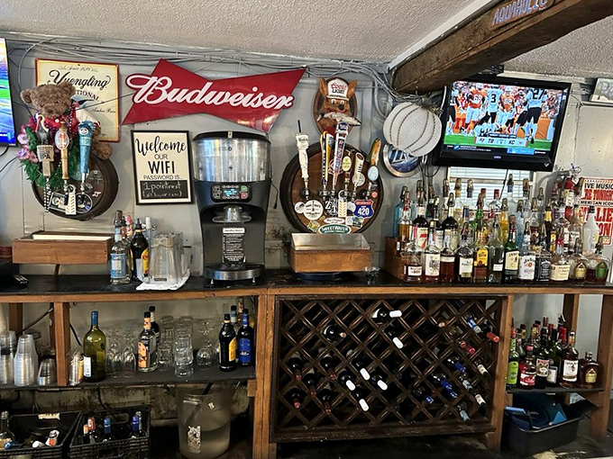 The bar at The Point isn't trying to be trendy&mdash;it's the kind of place where Budweiser signs and fishing memorabilia tell the real story.