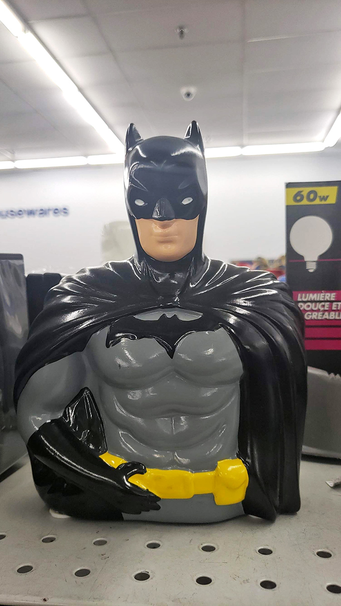 Holy bargains, Batman! This caped crusader bust proves that even superheroes end up at Goodwill eventually. Yesterday's collectible becomes today's quirky bathroom decor.