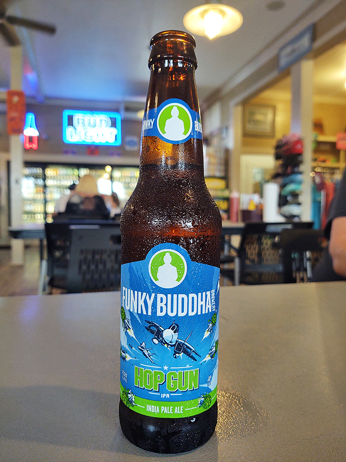 The honor system beer cooler in action. This Funky Buddha brew represents the trust-based beverage program that makes Indian Pass unique.