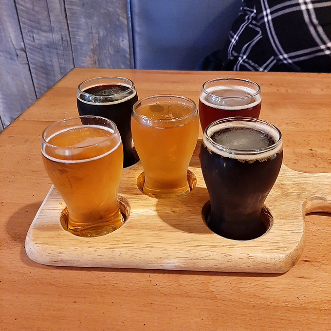 A flight of craft beers that tells a story of hops and barley. Each glass is like a different chapter in a book you'll want to read again and again.